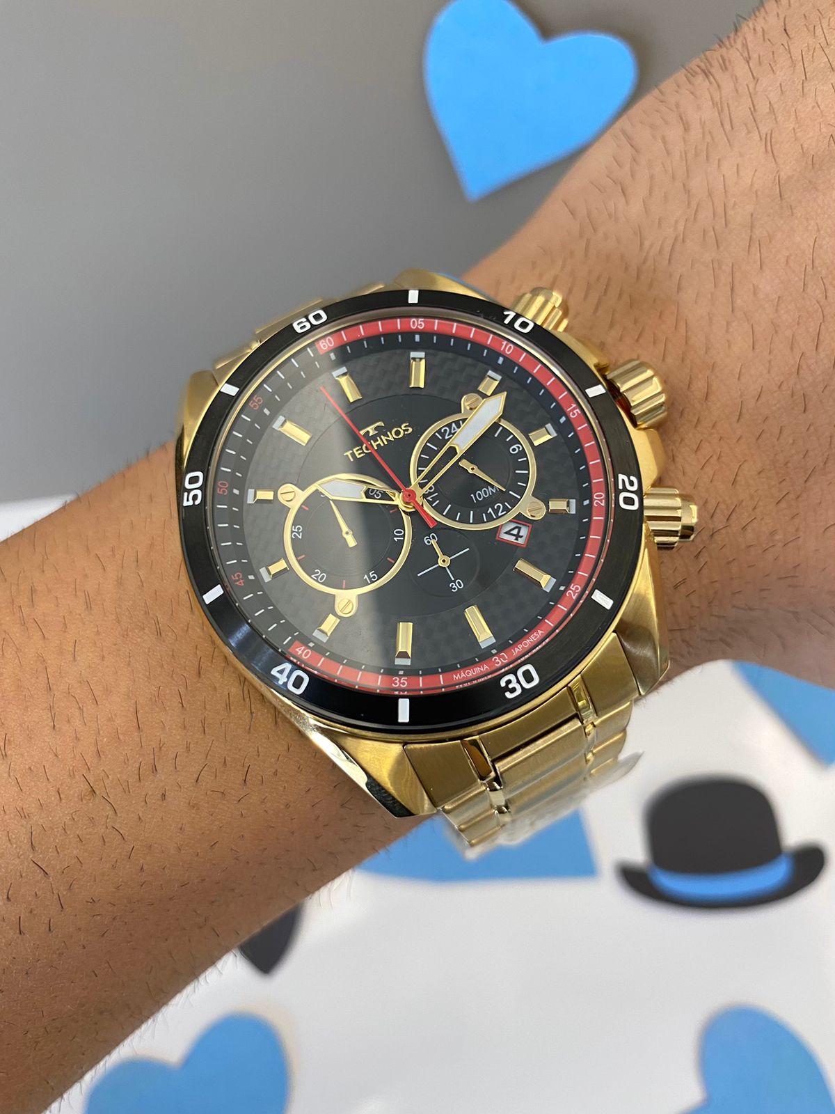 Relógio Technos Carbon masculino dourado visor preto com cronógrafo e ...